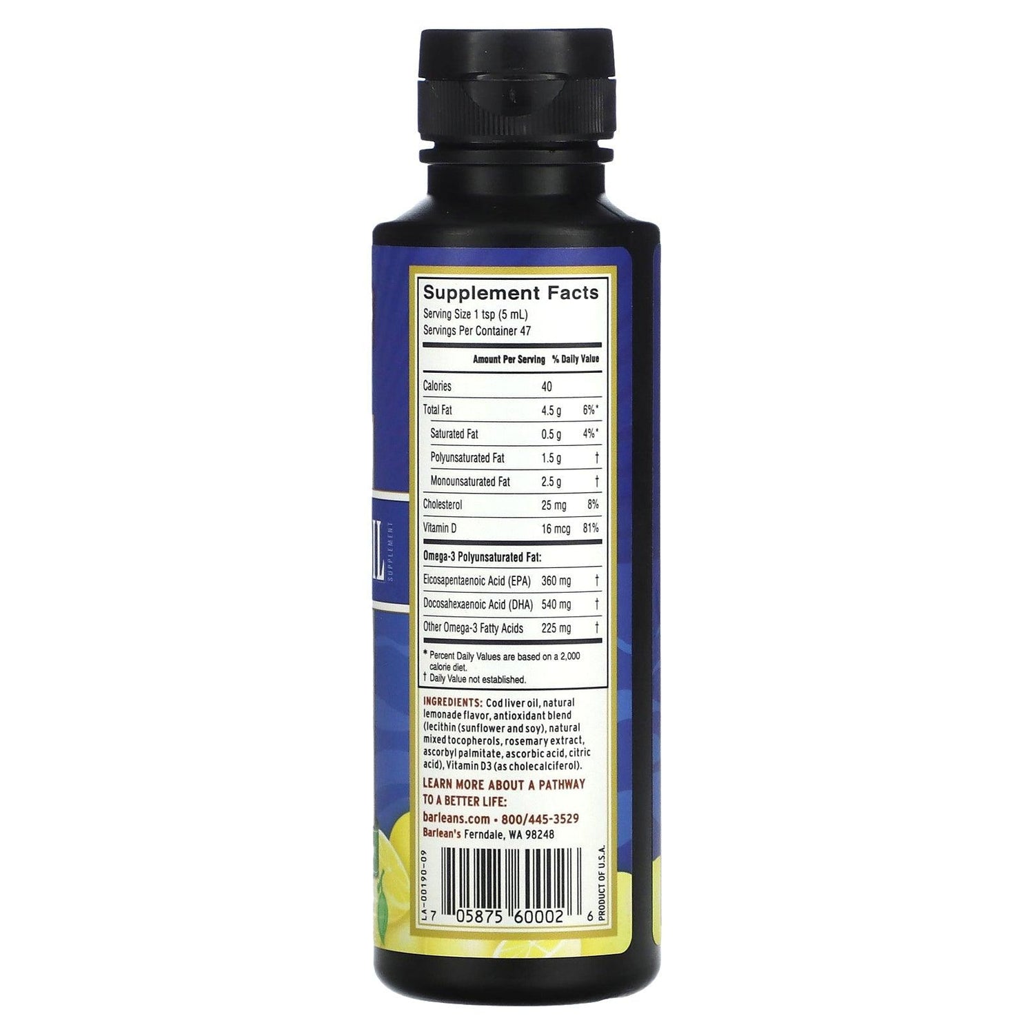 Barlean's, Fresh Catch, Cod Liver Oil, Omega-3 EPA/DHA, Lemonade, 8 fl ...